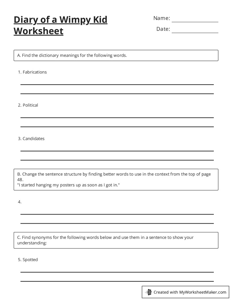 Diary of a Wimpy Kid Worksheet - My Worksheet Maker: Create Your Own ...