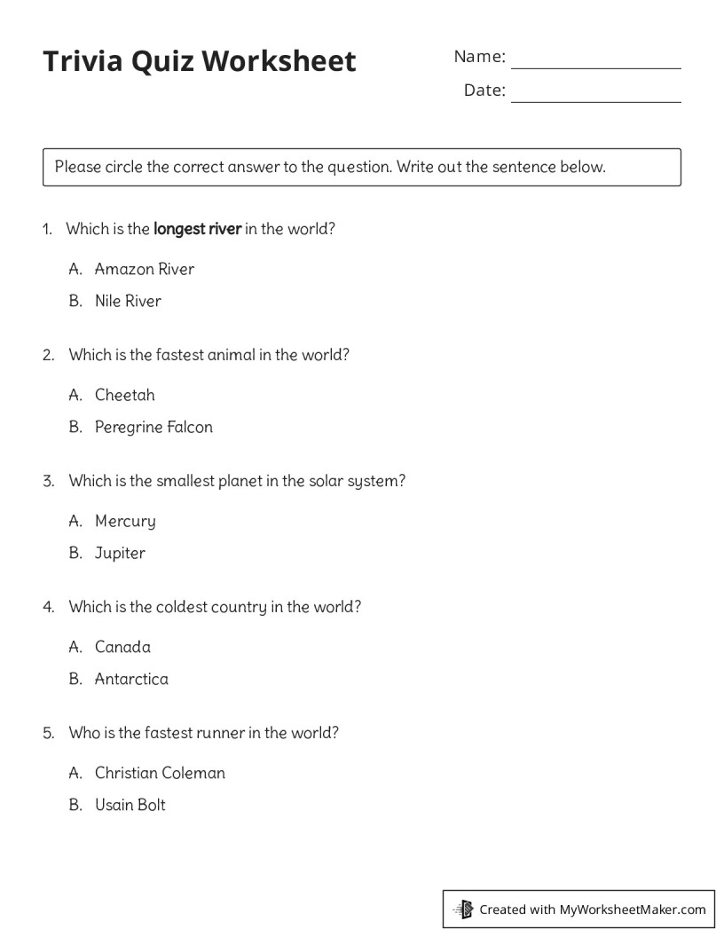 Trivia Quiz Worksheet - My Worksheet Maker: Create Your Own Worksheets
