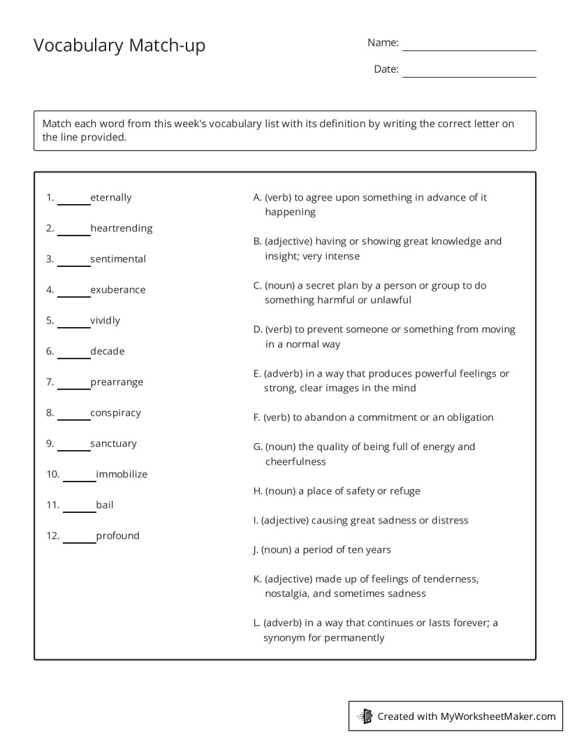 Vocabulary Match-up - My Worksheet Maker: Create Your Own Worksheets