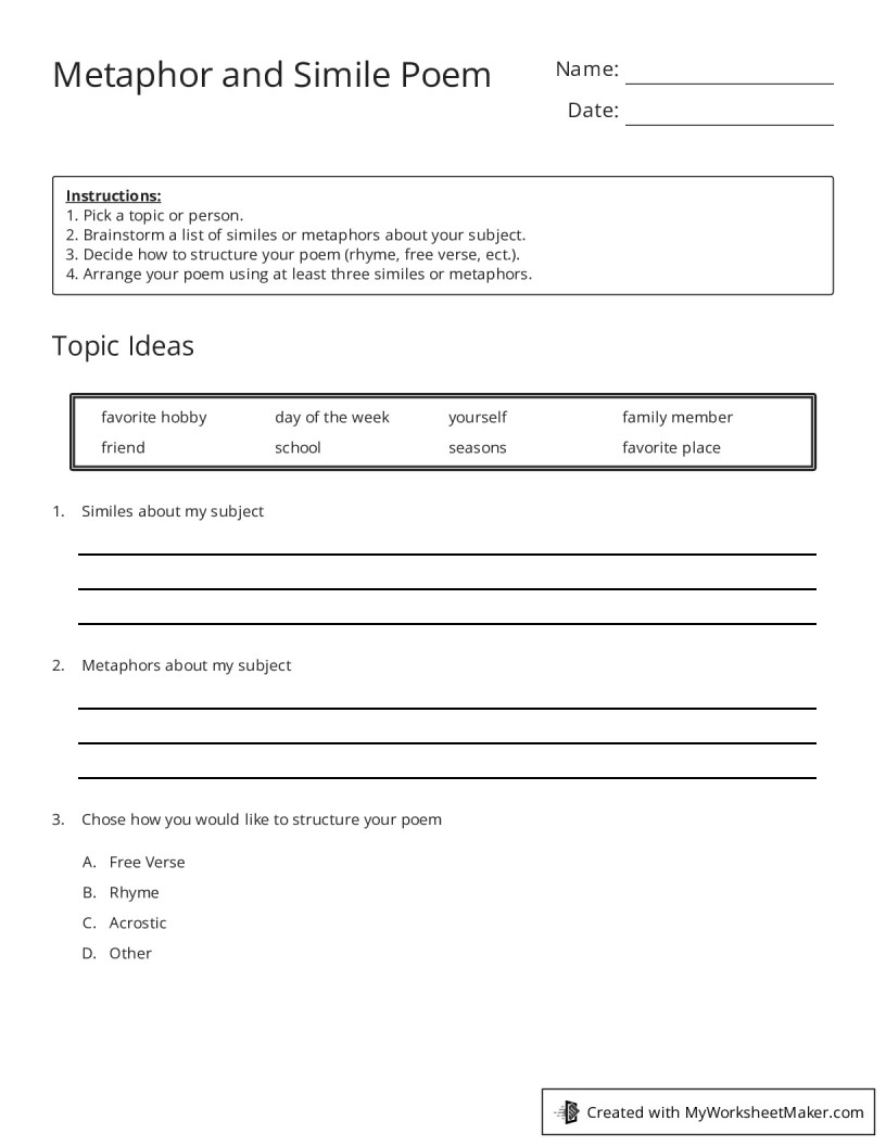 Metaphor and Simile Poem - My Worksheet Maker: Create Your Own Worksheets