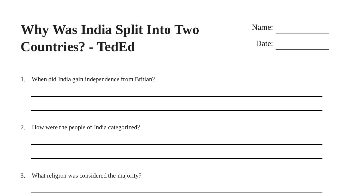 Why Was India Split Into Two Countries? - TedEd - My Worksheet Maker ...