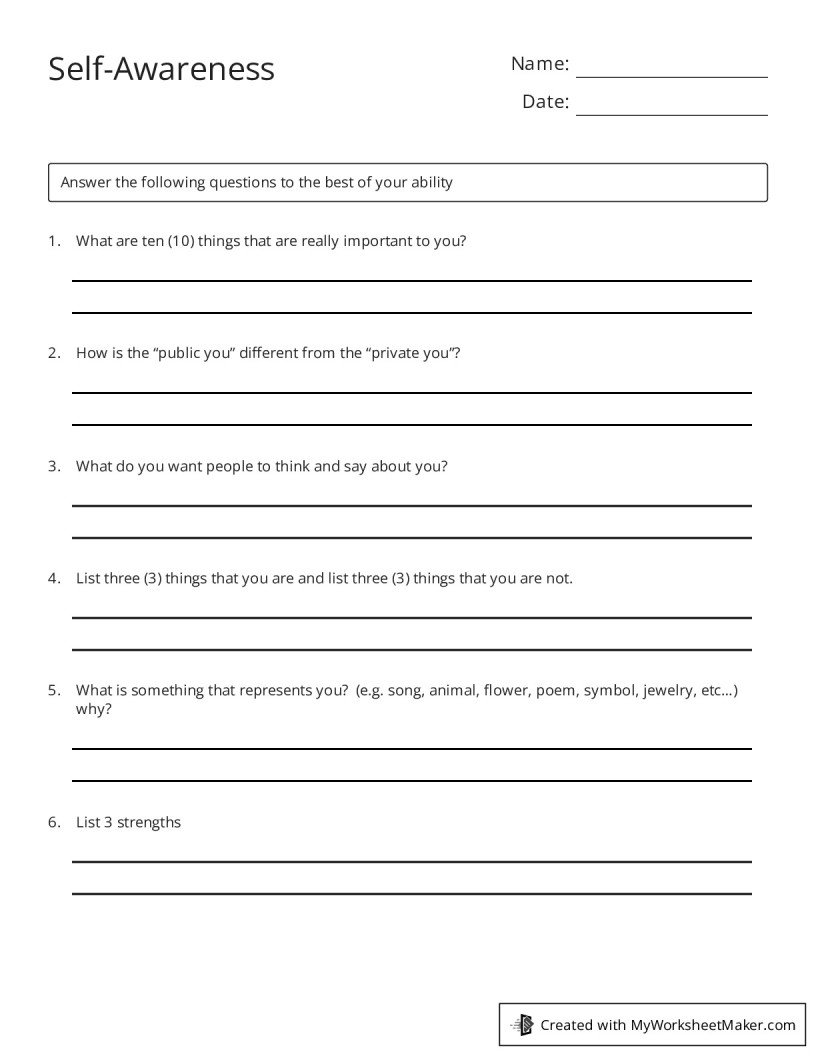Self-Awareness - My Worksheet Maker: Create Your Own Worksheets