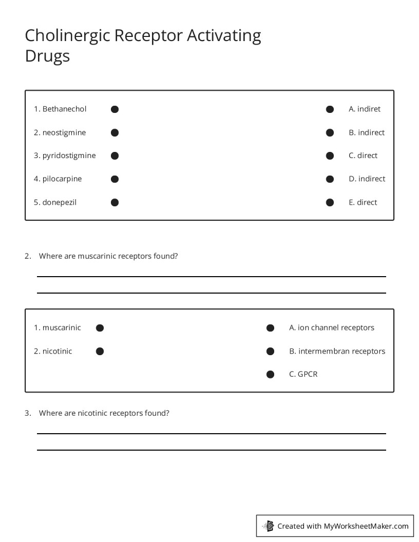 Cholinergic Receptor Activating Drugs - My Worksheet Maker: Create Your ...