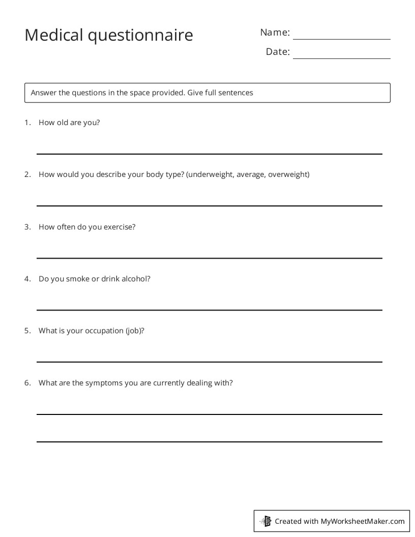Medical questionnaire - My Worksheet Maker: Create Your Own Worksheets