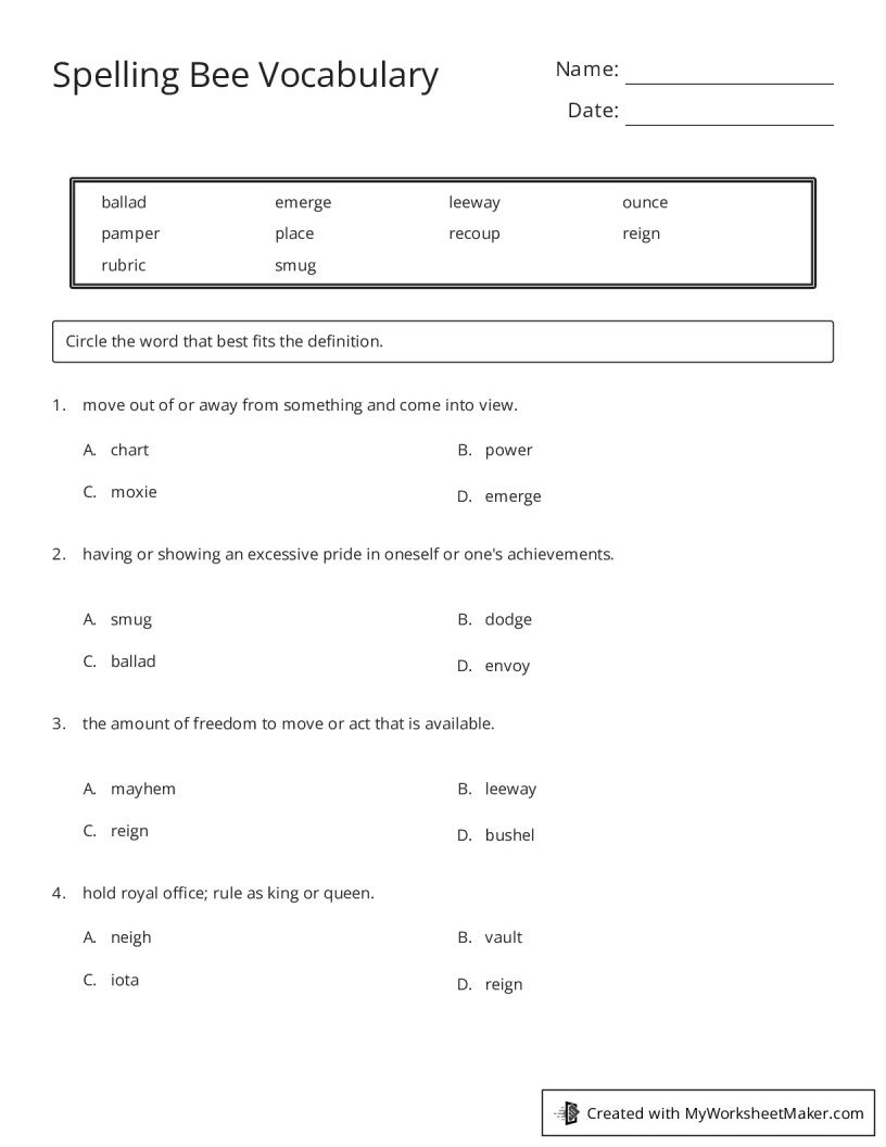 Spelling Bee Vocabulary - My Worksheet Maker: Create Your Own Worksheets