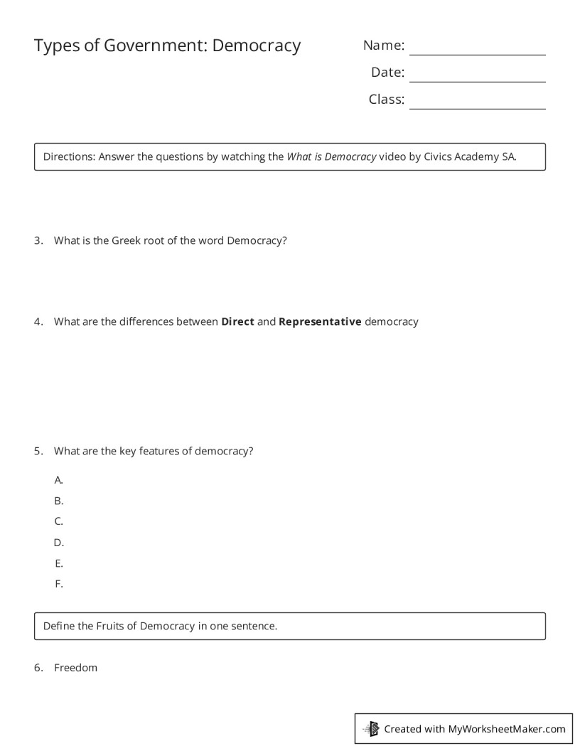 Types of Government: Democracy - My Worksheet Maker: Create Your Own ...