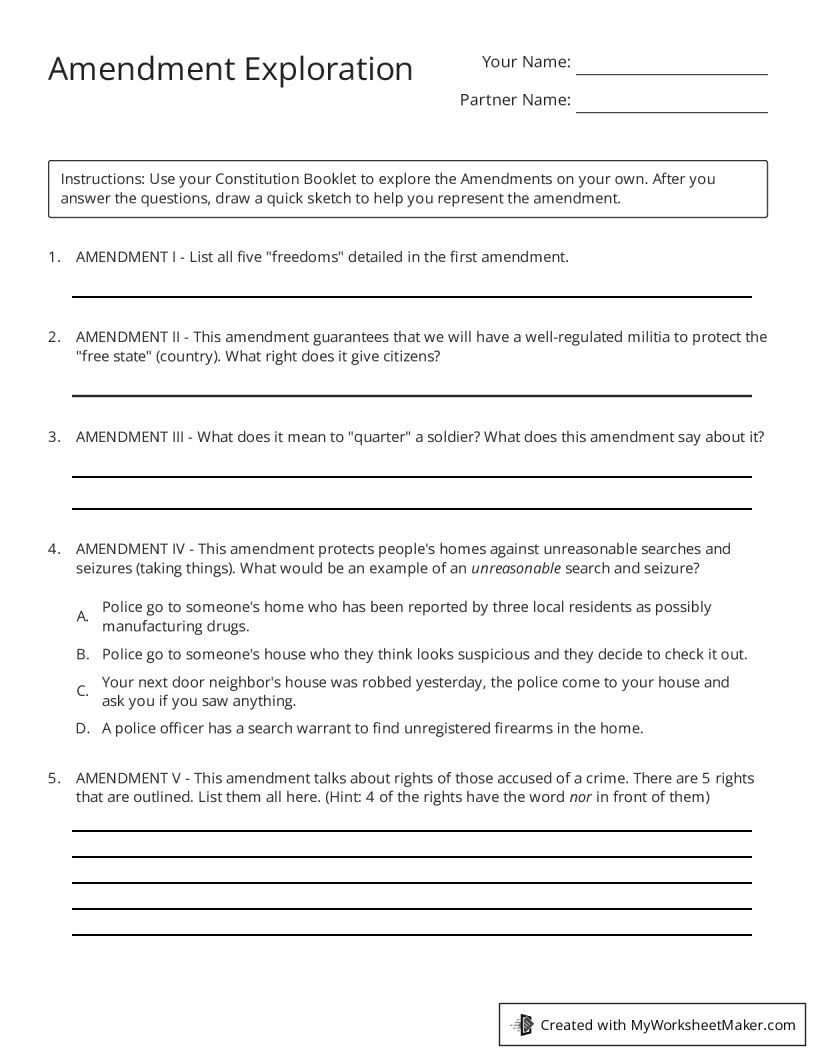 Amendment Exploration - My Worksheet Maker: Create Your Own Worksheets