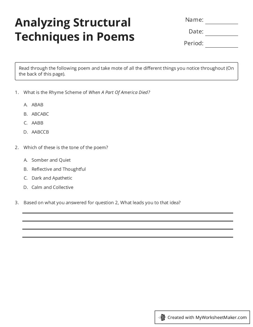 Analyzing Structural Techniques in Poems - My Worksheet Maker: Create ...