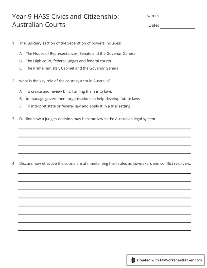 Year 9 HASS Civics and Citizenship: Australian Courts - My Worksheet ...