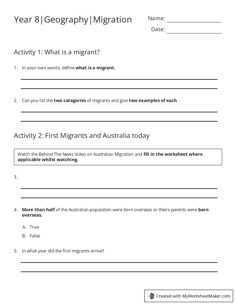 Year 8|Geography|Migration - My Worksheet Maker: Create Your Own Worksheets