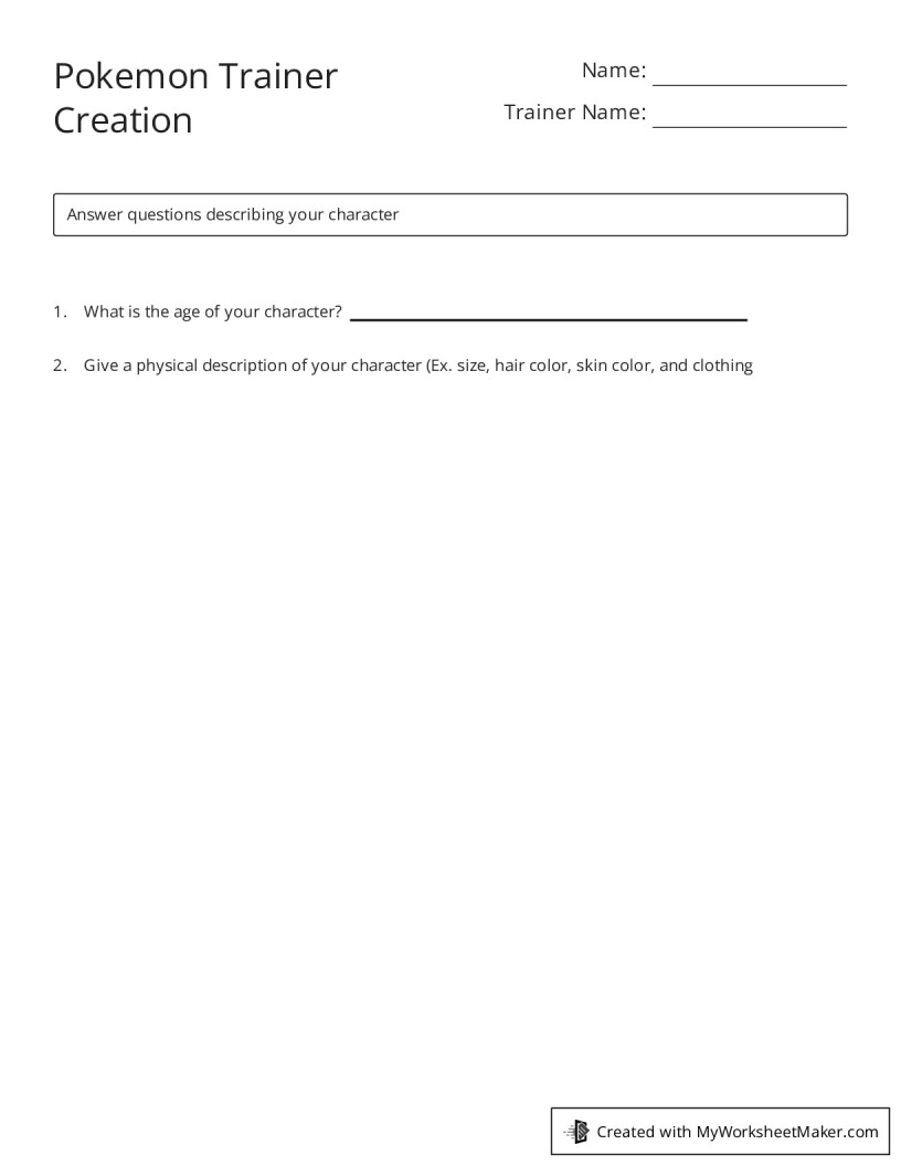 Pokemon Trainer Creation - My Worksheet Maker: Create Your Own Worksheets
