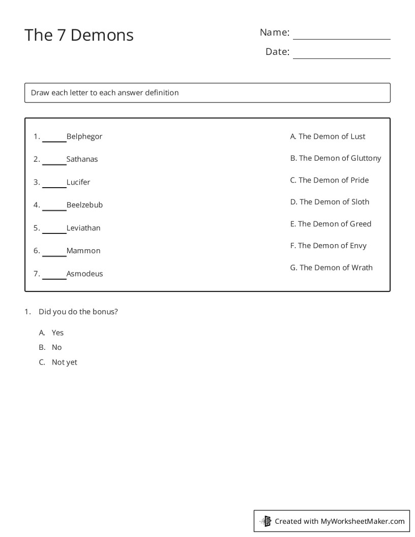 The 7 Demons - My Worksheet Maker: Create Your Own Worksheets