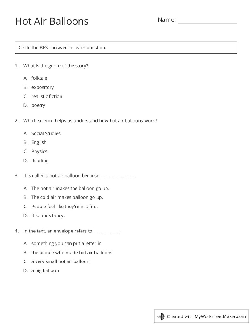 Hot Air Balloons - My Worksheet Maker: Create Your Own Worksheets