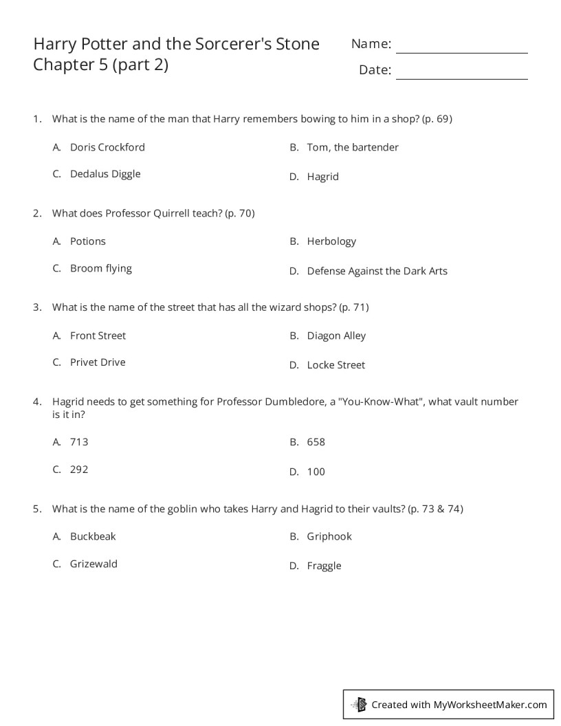 Harry Potter and the Sorcerer's Stone Chapter 5 (part 2) - My Worksheet ...