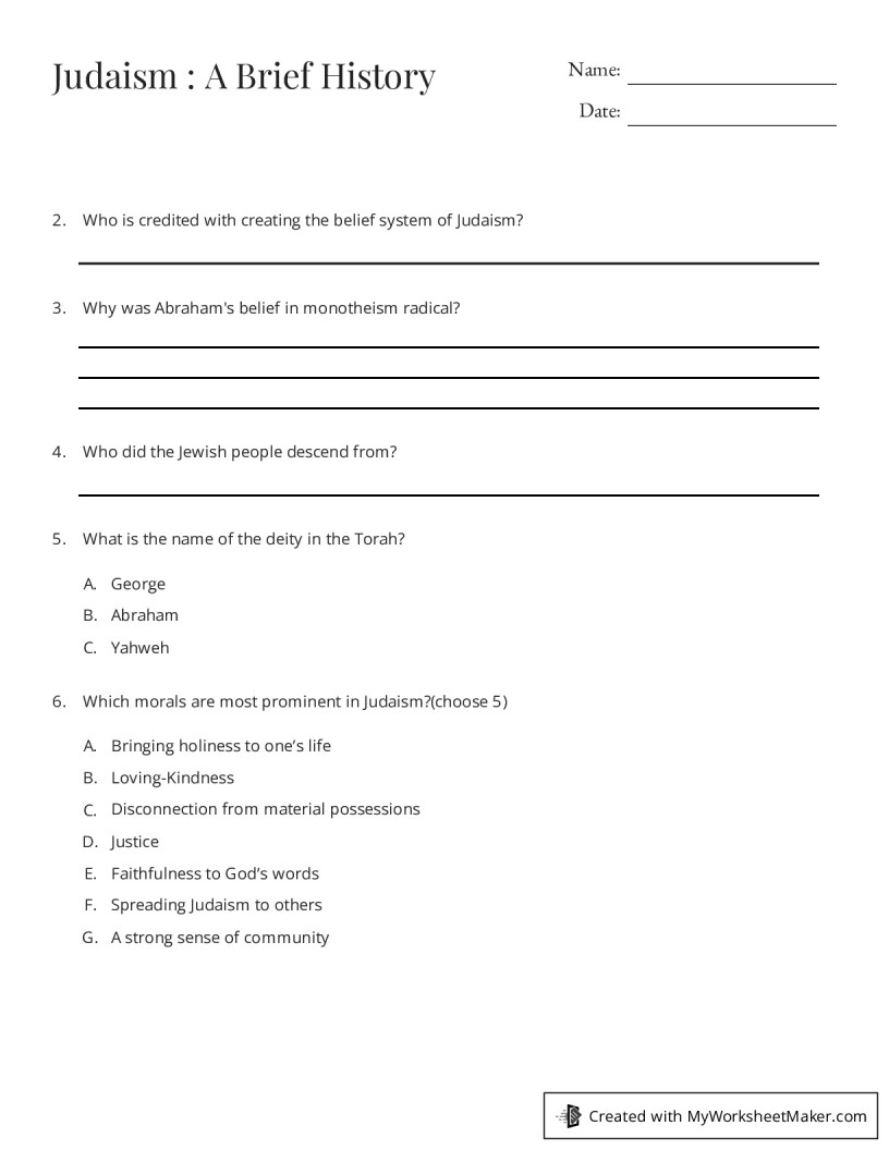 Judaism : A Brief History - My Worksheet Maker: Create Your Own Worksheets