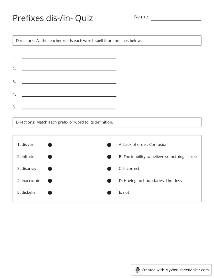 Prefixes dis-/in- Quiz - My Worksheet Maker: Create Your Own Worksheets