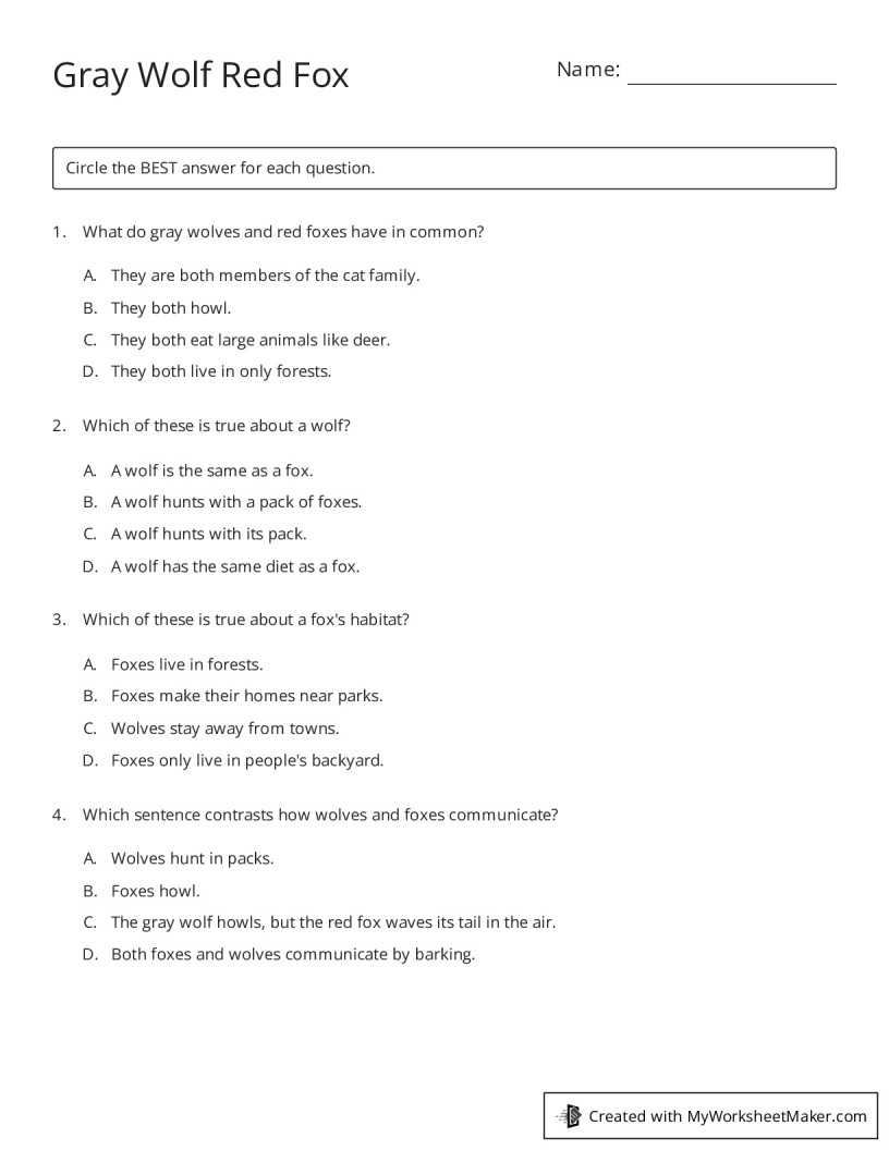 Gray Wolf Red Fox - My Worksheet Maker: Create Your Own Worksheets
