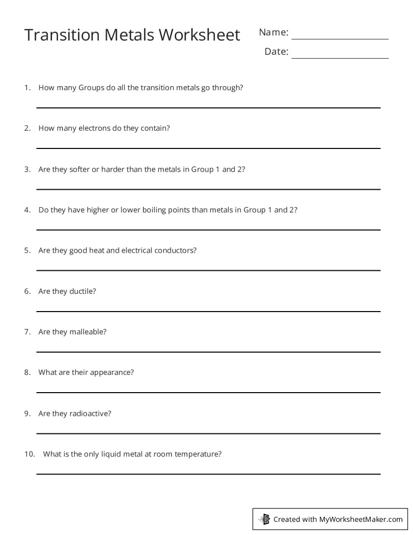 Transition Metals Worksheet - My Worksheet Maker: Create Your Own ...