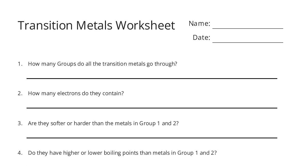 Transition Metals Worksheet - My Worksheet Maker: Create Your Own ...