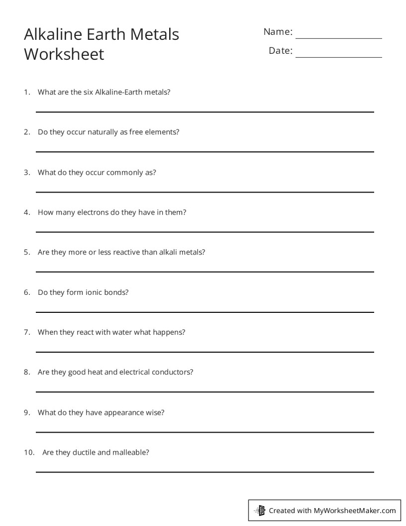 Alkaline Earth Metals Worksheet - My Worksheet Maker: Create Your Own ...