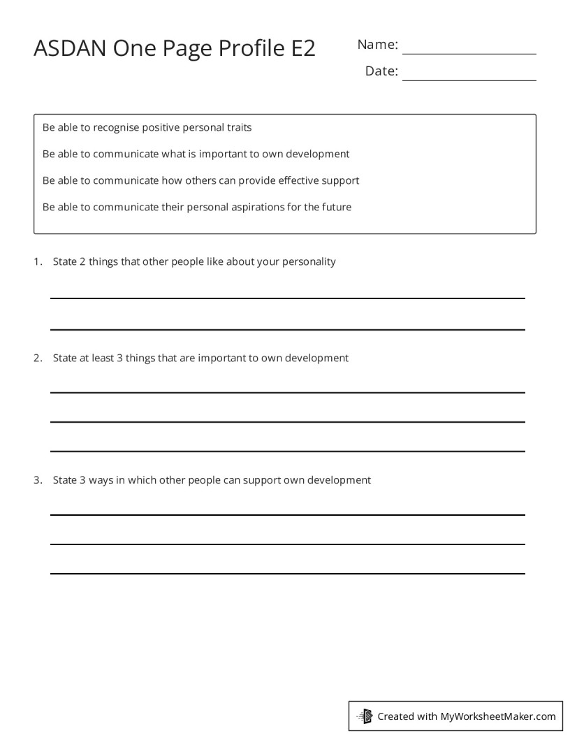 ASDAN One Page Profile E2 - My Worksheet Maker: Create Your Own Worksheets
