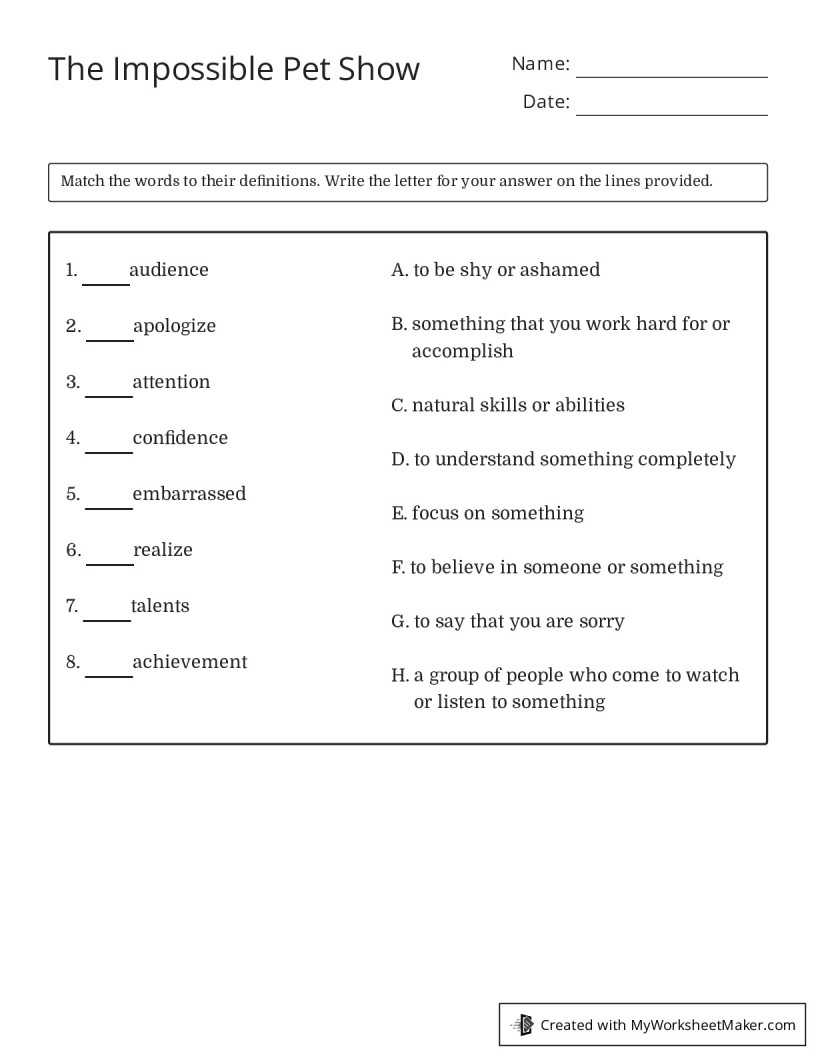 The Impossible Pet Show - My Worksheet Maker: Create Your Own Worksheets