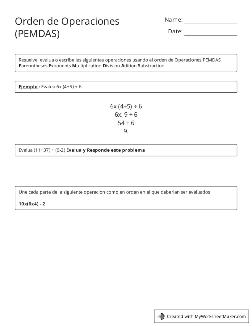 Orden de Operaciones (PEMDAS) - My Worksheet Maker: Create Your Own ...