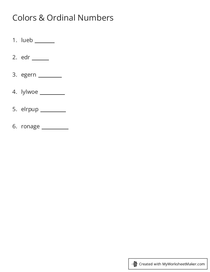 Colors & Ordinal Numbers - My Worksheet Maker: Create Your Own Worksheets