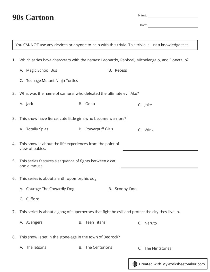 90s Cartoon ﻿﻿﻿ - My Worksheet Maker: Create Your Own Worksheets
