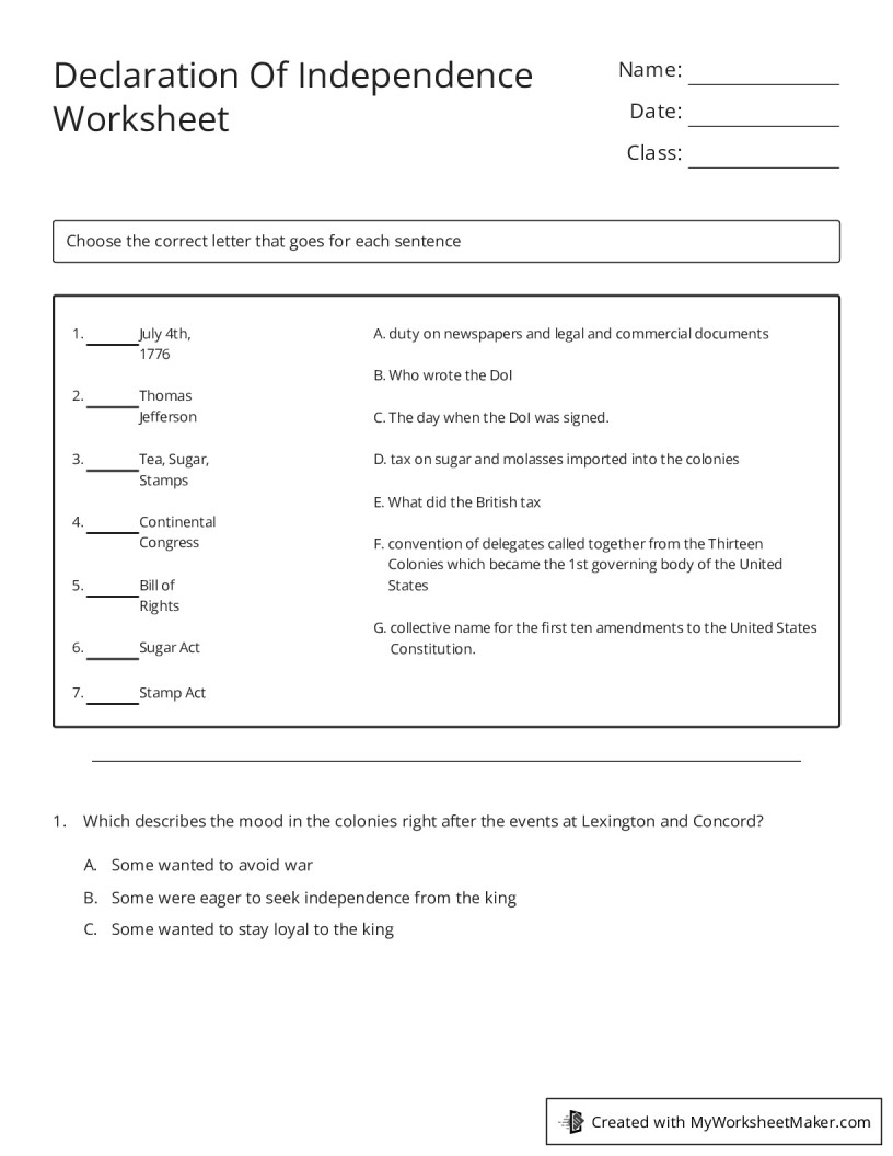Declaration Of Independence Worksheet - My Worksheet Maker: Create Your ...