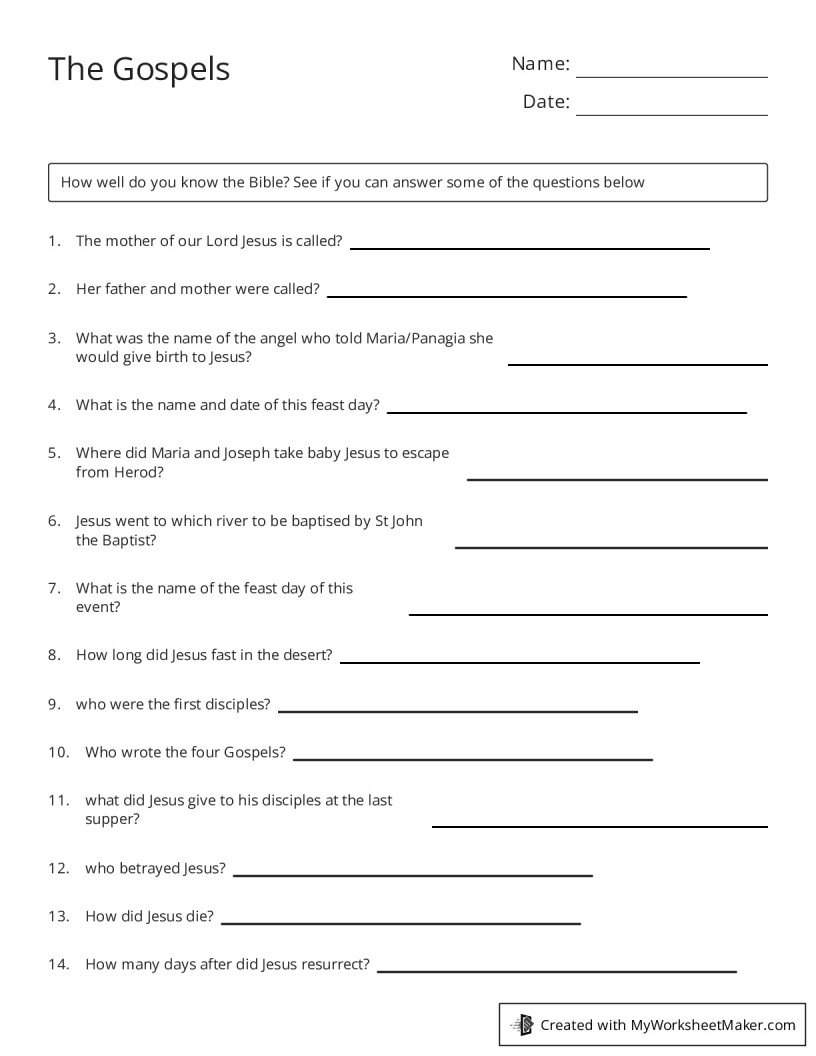 The Gospels - My Worksheet Maker: Create Your Own Worksheets