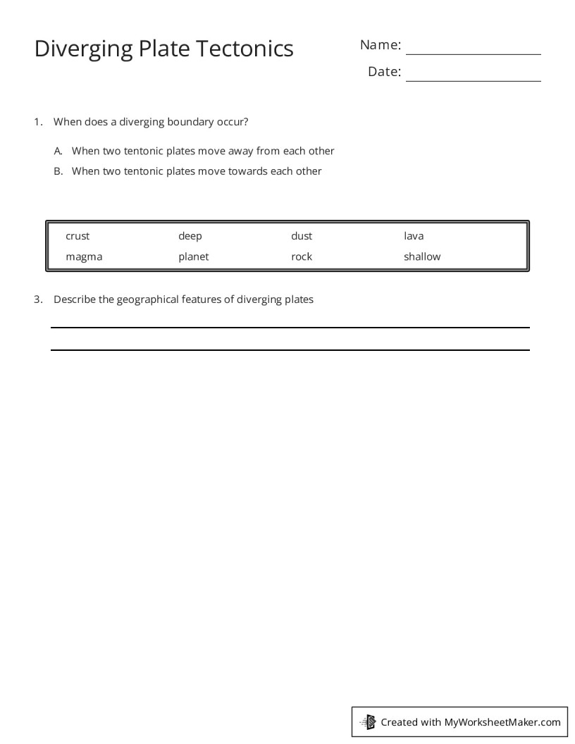 Diverging Plate Tectonics - My Worksheet Maker: Create Your Own Worksheets
