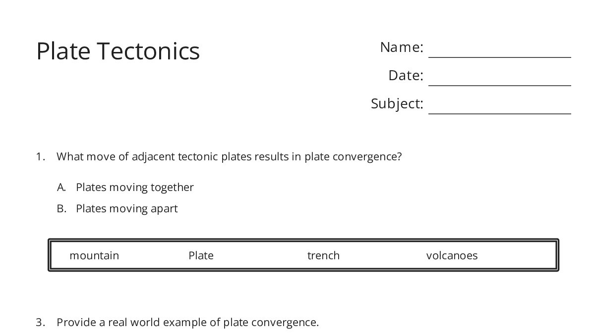 Plate Tectonics - My Worksheet Maker: Create Your Own Worksheets