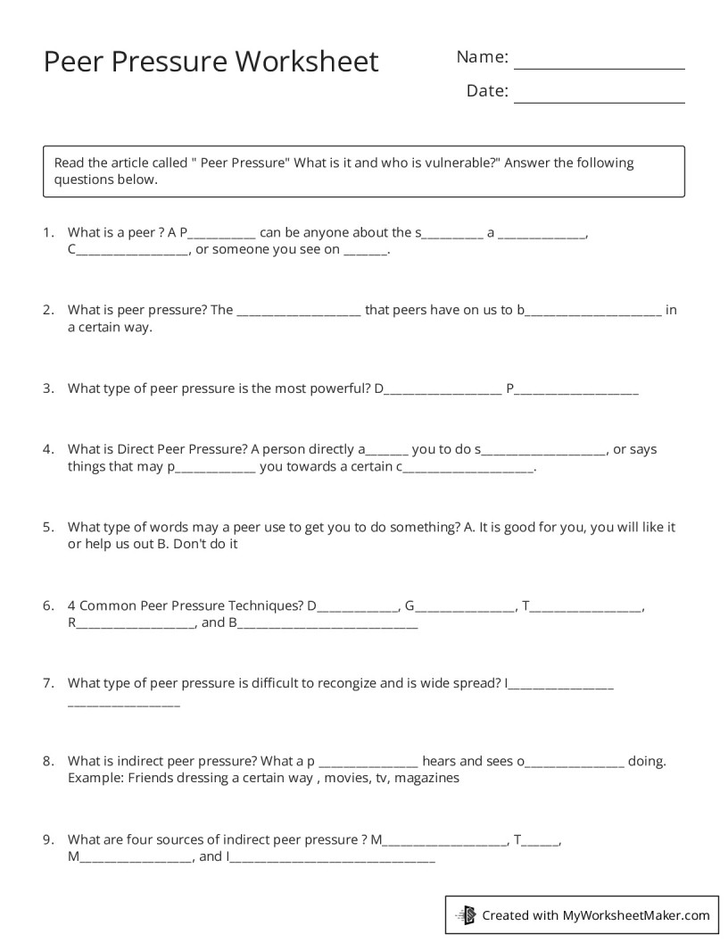 Peer Pressure Worksheet - My Worksheet Maker: Create Your Own Worksheets
