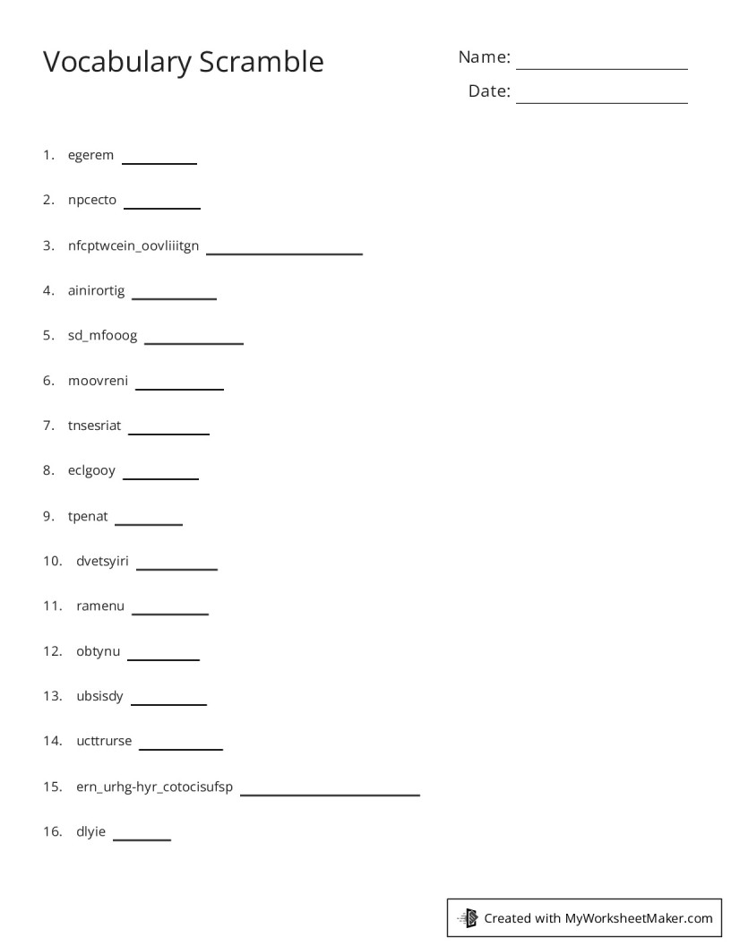 Vocabulary Scramble - My Worksheet Maker: Create Your Own Worksheets