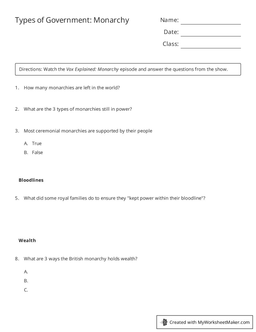 Types of Government: Monarchy - My Worksheet Maker: Create Your Own ...