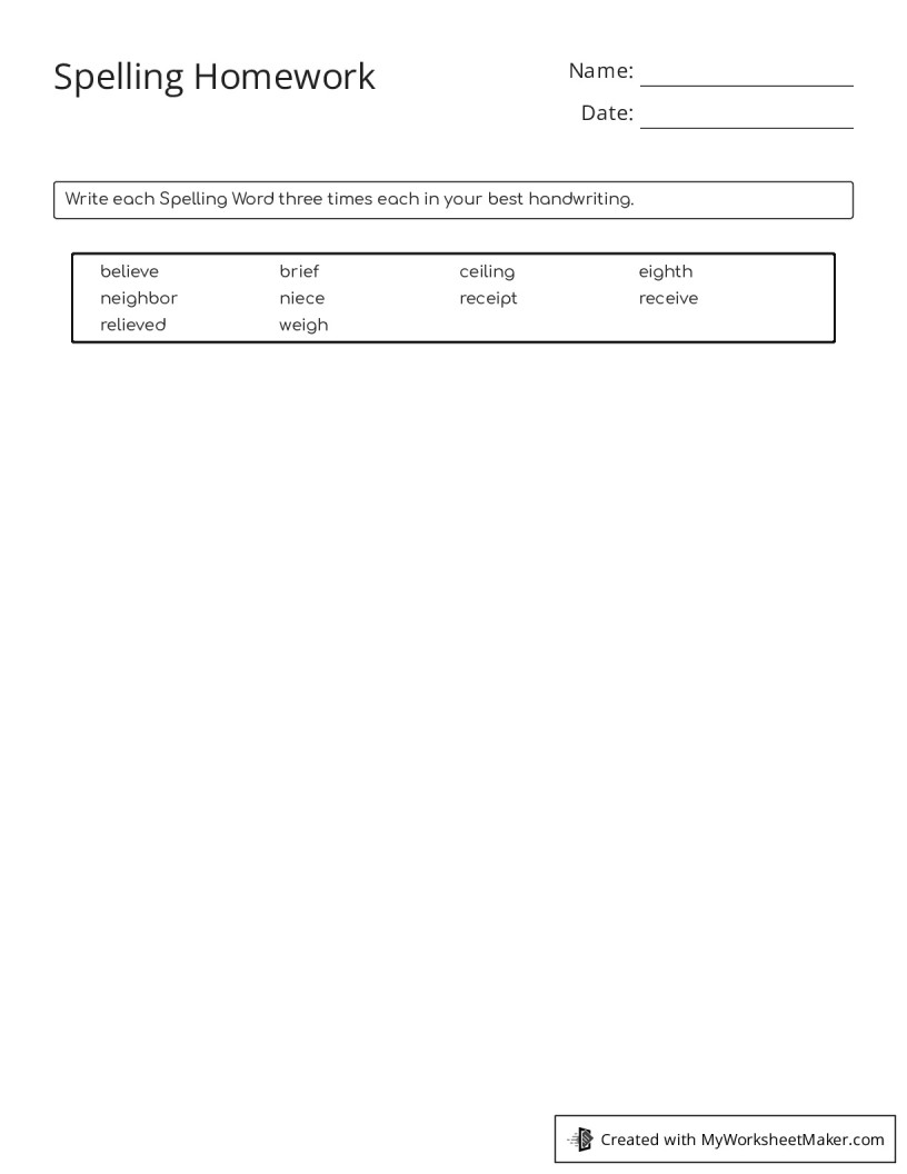 Spelling Homework - My Worksheet Maker: Create Your Own Worksheets