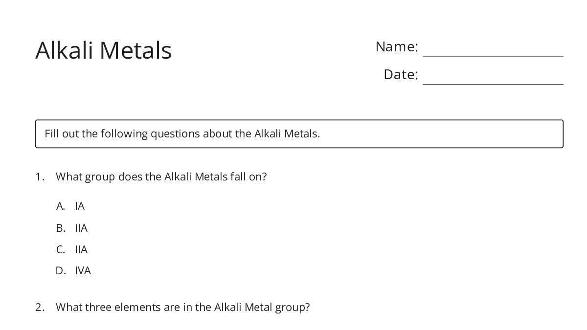 Alkali Metals - My Worksheet Maker: Create Your Own Worksheets