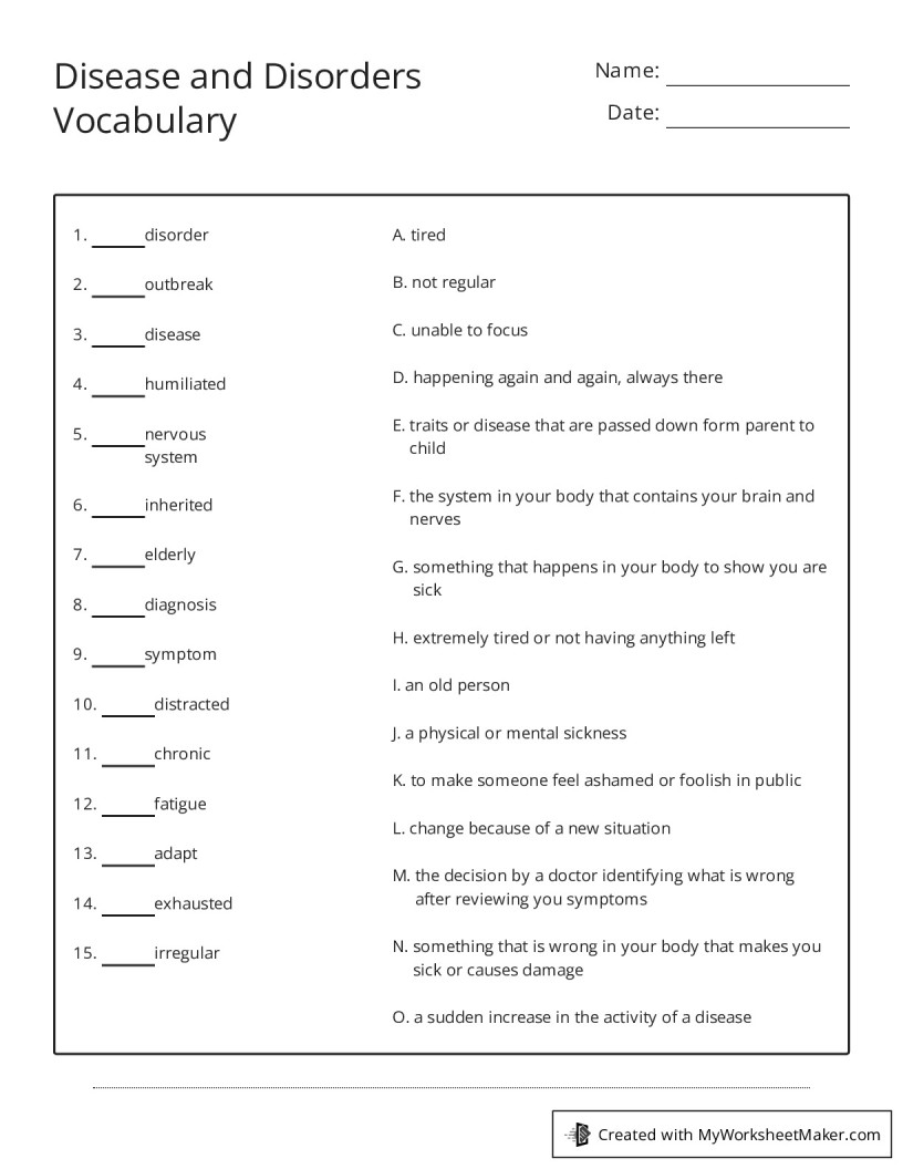 Disease and Disorders Vocabulary - My Worksheet Maker: Create Your Own ...