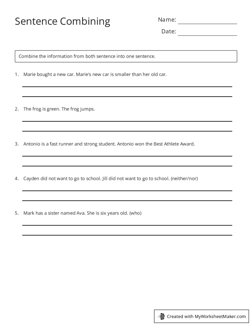 Sentence Combining - My Worksheet Maker: Create Your Own Worksheets