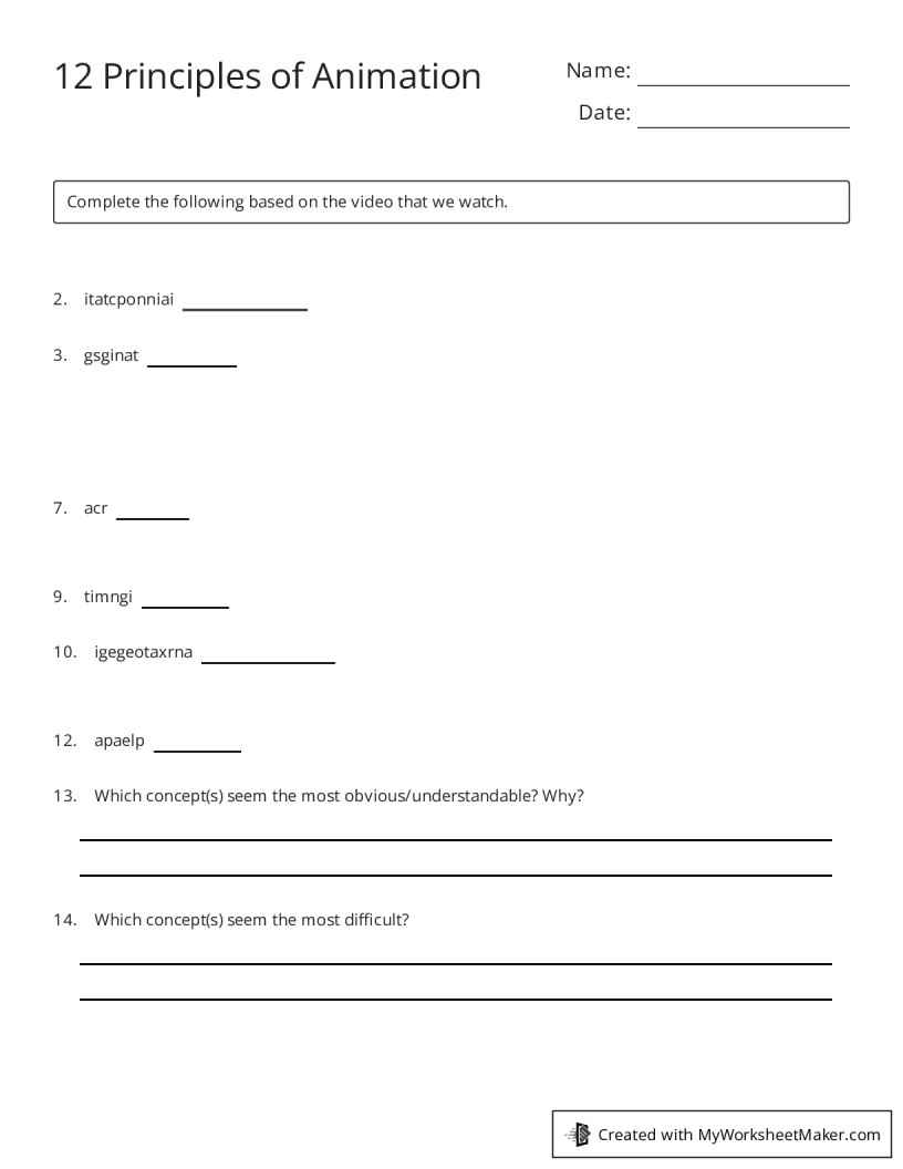 12 Principles of Animation - My Worksheet Maker: Create Your Own Worksheets