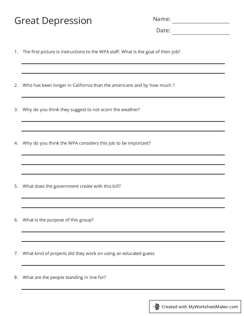 Great Depression - My Worksheet Maker: Create Your Own Worksheets