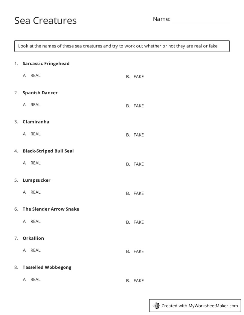 Sea Creatures - My Worksheet Maker: Create Your Own Worksheets