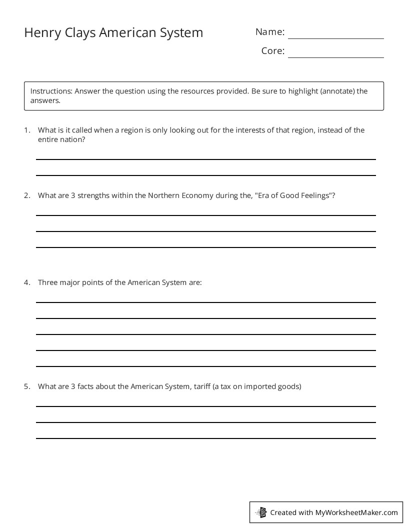 Henry Clays American System - My Worksheet Maker: Create Your Own ...