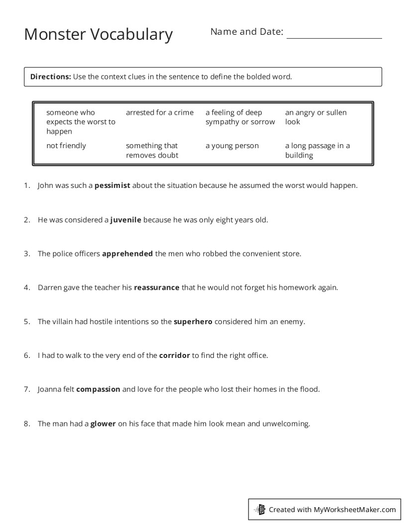 Monster Vocabulary - My Worksheet Maker: Create Your Own Worksheets