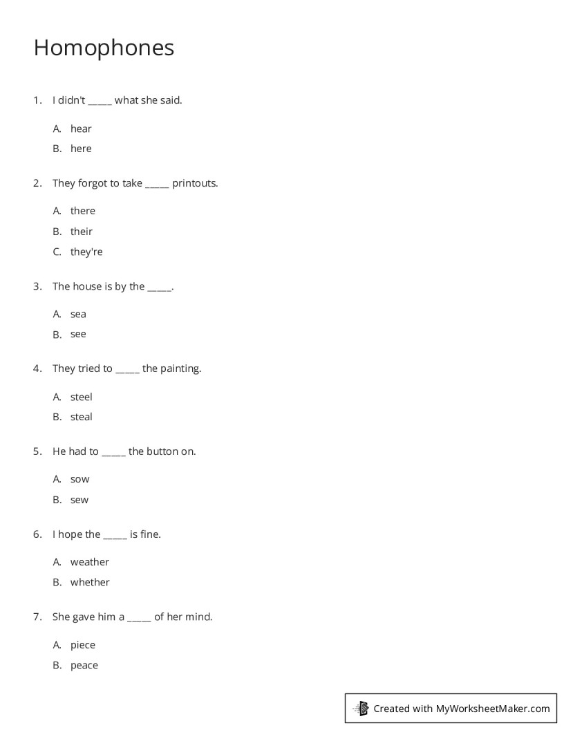 Homophones - My Worksheet Maker: Create Your Own Worksheets