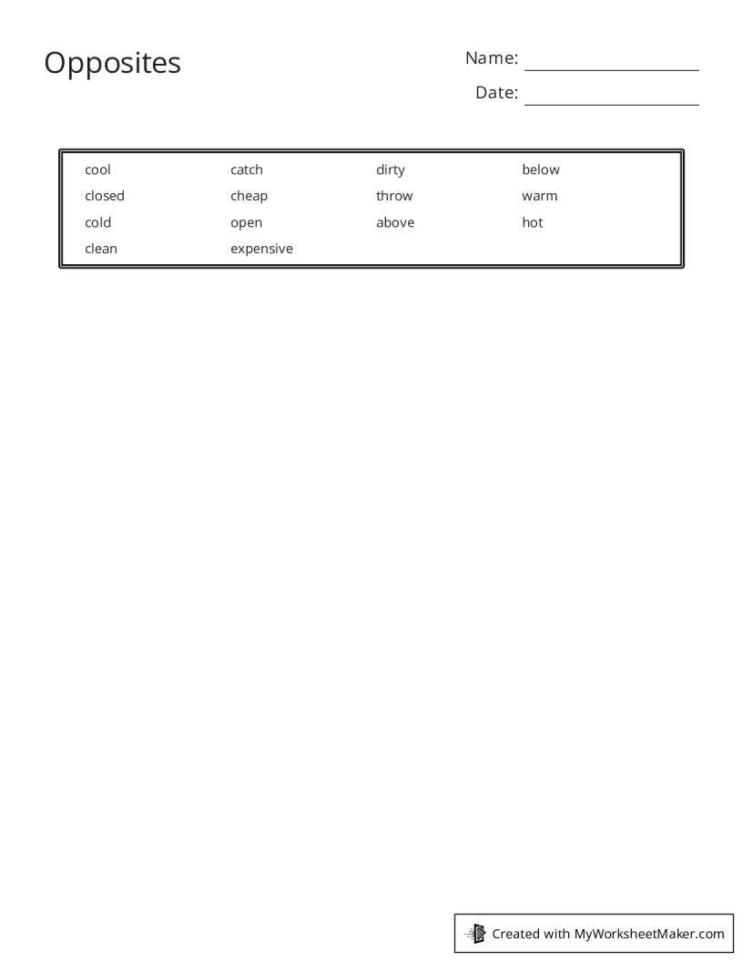 Opposites - My Worksheet Maker: Create Your Own Worksheets