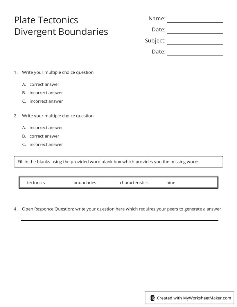 Plate Tectonics Divergent Boundaries - My Worksheet Maker: Create Your ...