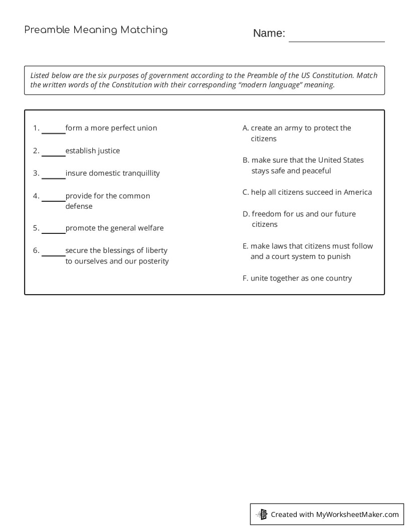 Preamble Meaning Matching - My Worksheet Maker: Create Your Own Worksheets