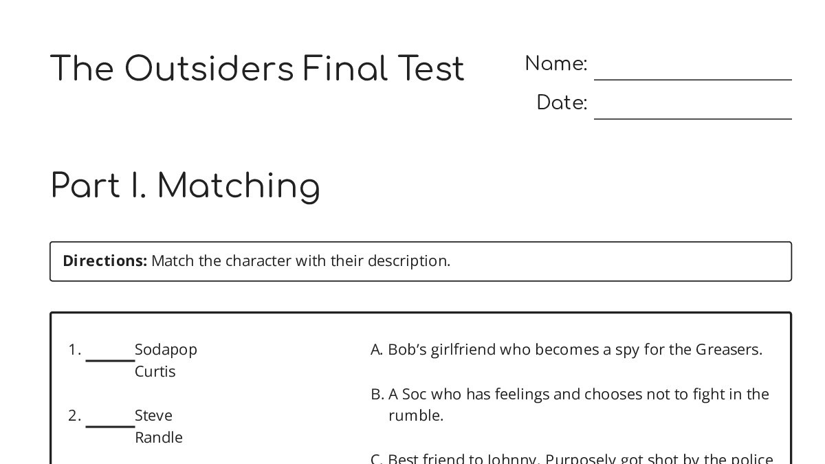 The Outsiders Final Test - My Worksheet Maker: Create Your Own Worksheets